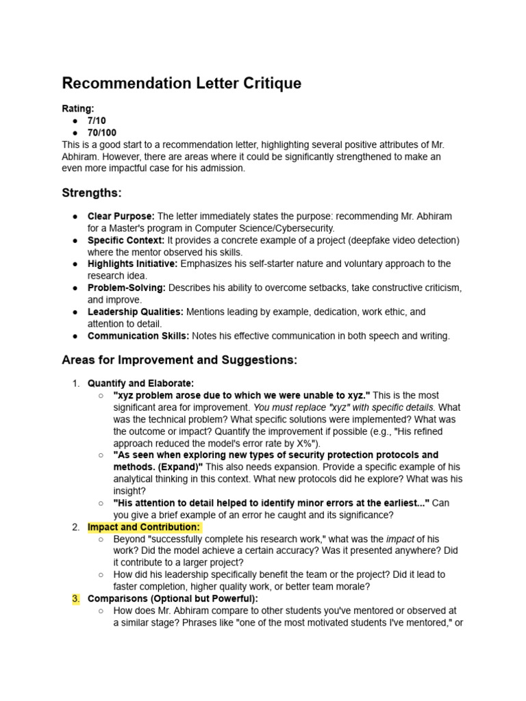 Recommendation Letter Critique and Suggestions | PDF | Learning | Cognition