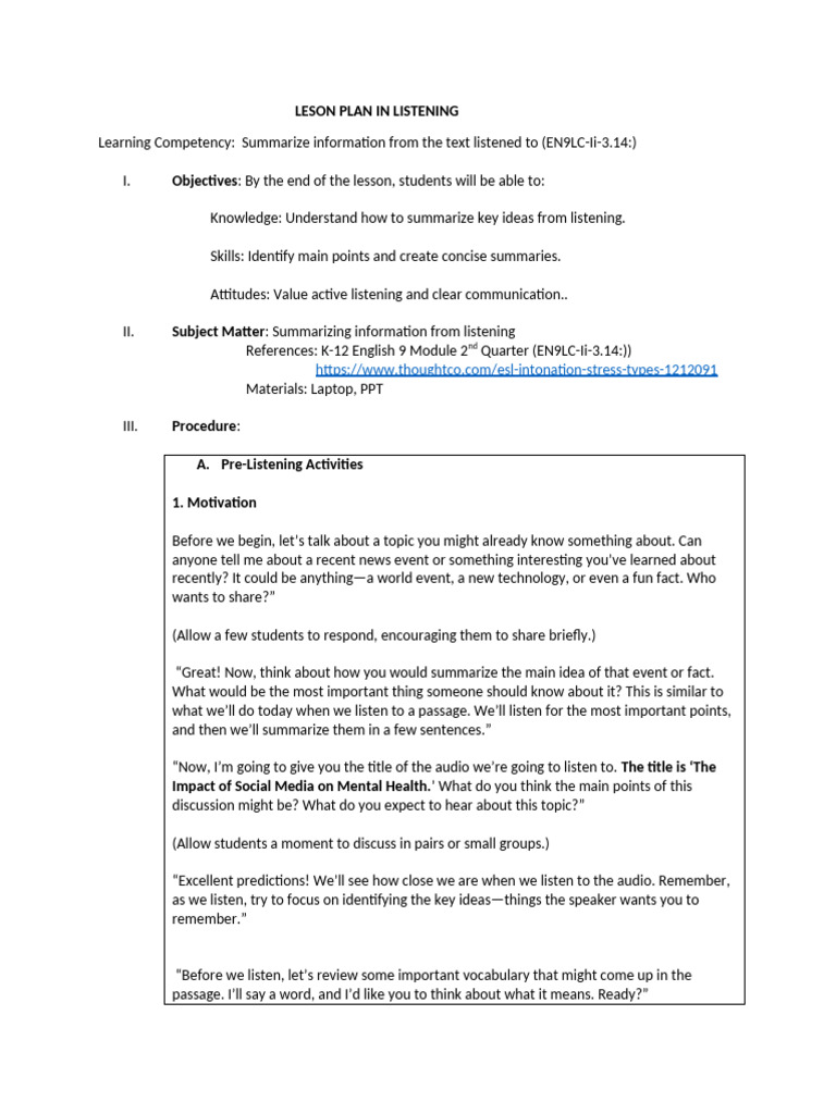 Listening Lesson Plan: Summarizing Skills | PDF | Reading Comprehension ...