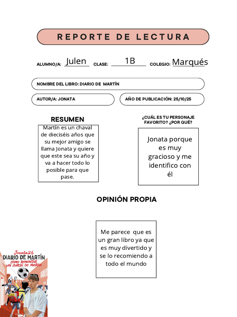 Hoja de Trabajo de Reporte de Lectura Ilustrado Rosa y Blanco | PDF
