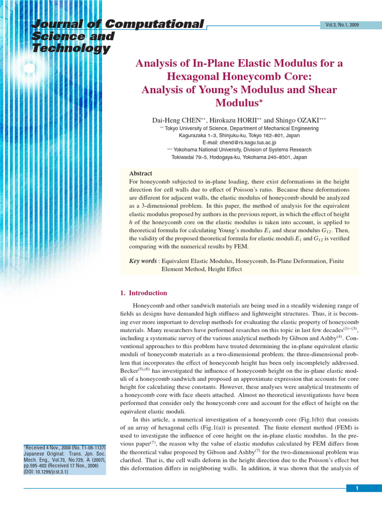 Analysis of In-Plane Elastic Modulus For A Hexagonal Honeycomb Core ...