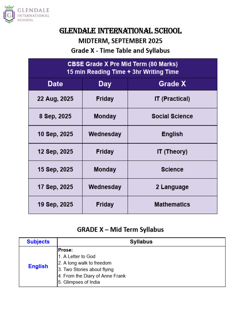 Grade 10 - Mid - Term Schedule & Syllabus | PDF