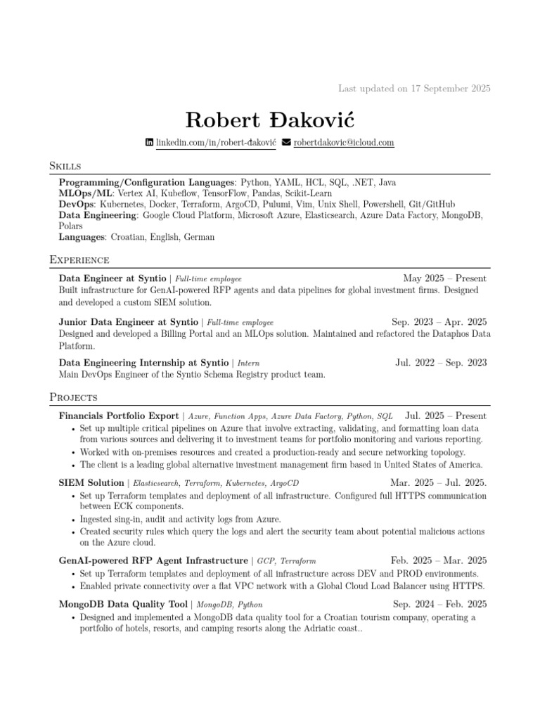 Data Engineer Robert Đaković's Profile | PDF | Microsoft Azure | Mongo Db