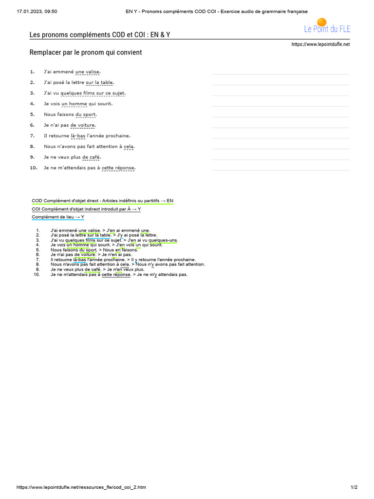 Exercices sur les pronoms COD et COI | PDF