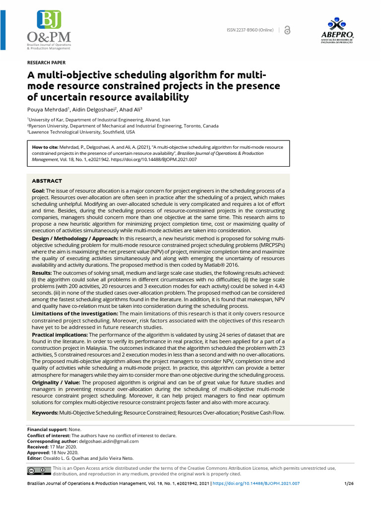 2020 A Multi-Objective Scheduling Algorithm For Multi-Mode Resource Constrained Projects in The ...