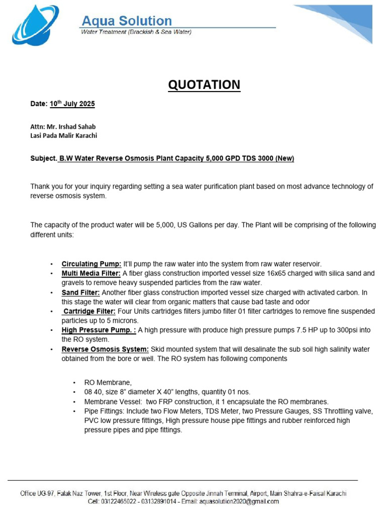 5000 GPD Reverse Osmosis Plant Quotation | PDF | Membrane | Chemical ...