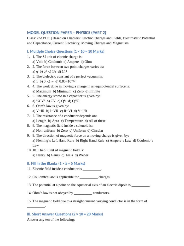 Model Question Paper 2nd PUC Physics Part2 | PDF | Magnetic Field ...
