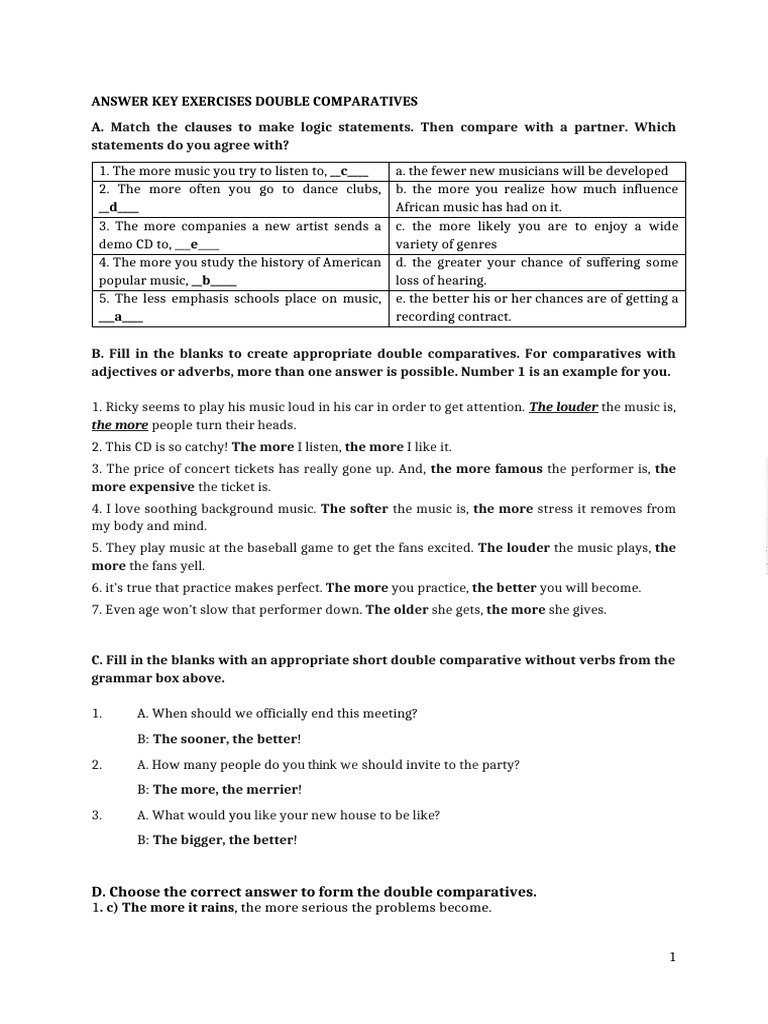 Answer Key Exercises Double Comparatives | PDF | Linguistics | Grammar