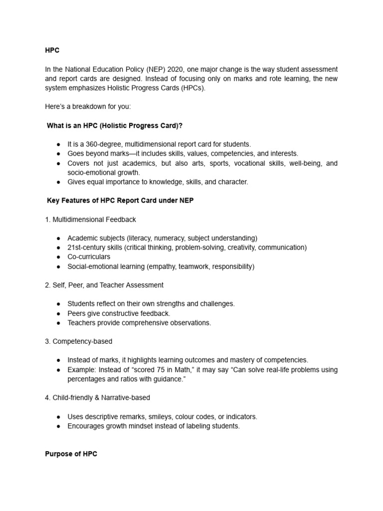 Understanding Holistic Progress Cards (HPC) | PDF