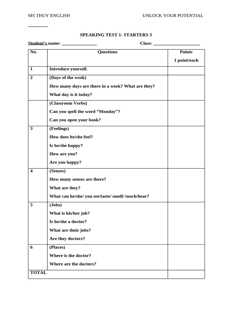 English Speaking Tests for Starters 3 & 4 | PDF