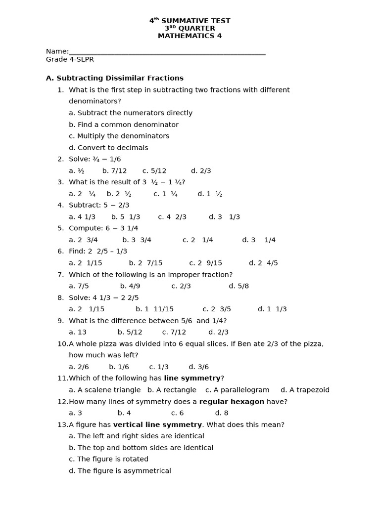 4th SUMMATIVE TEST (Math) | PDF | Symmetry | Shape