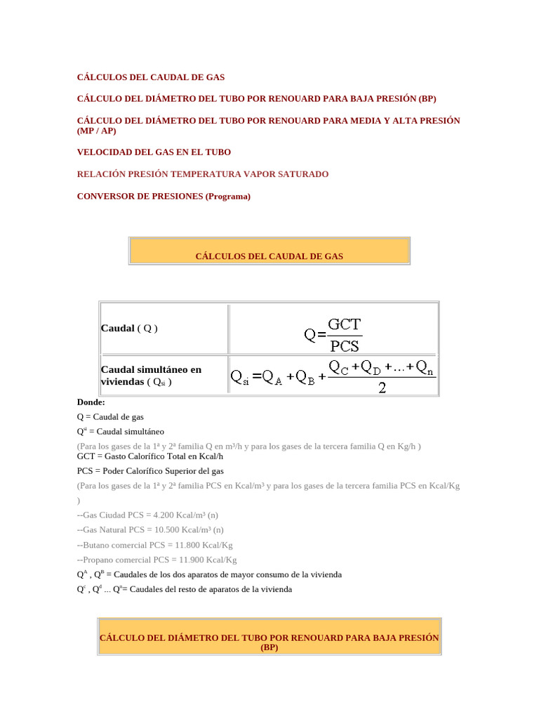 Cálculo de Caudal de Gas y Diámetros | PDF | Presión | Gases