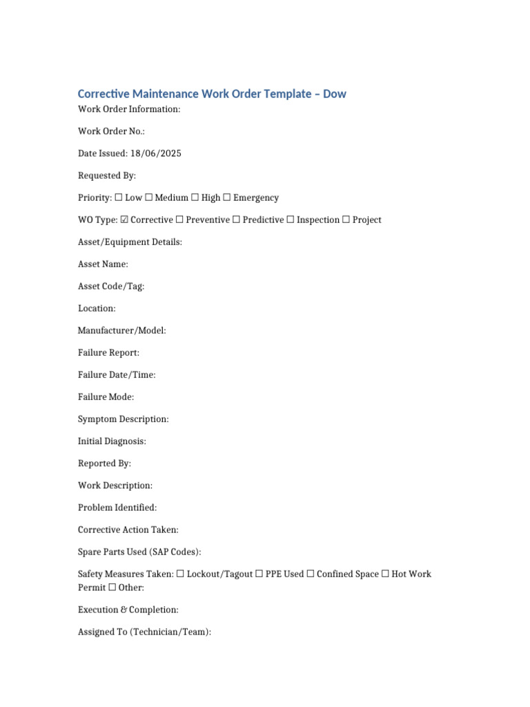 Corrective Maintenance Work Order Template | PDF