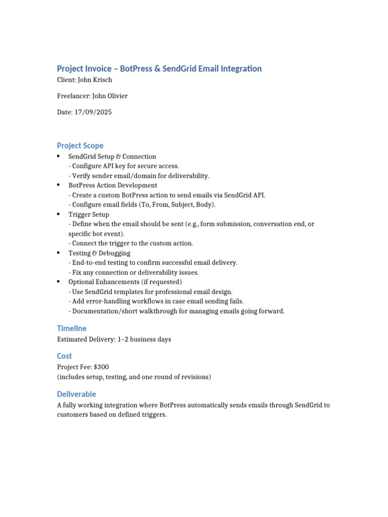 BotPress SendGrid Integration Invoice | PDF