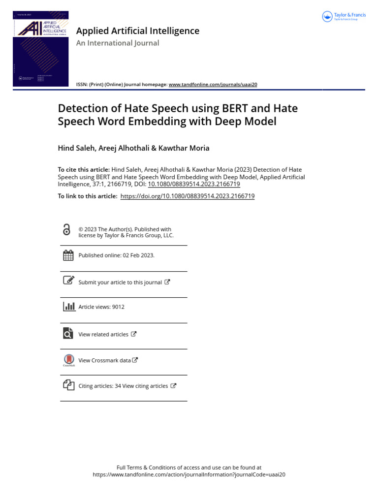 Detection of Hate Speech Using BERT and Hate Speech Word Embedding With ...