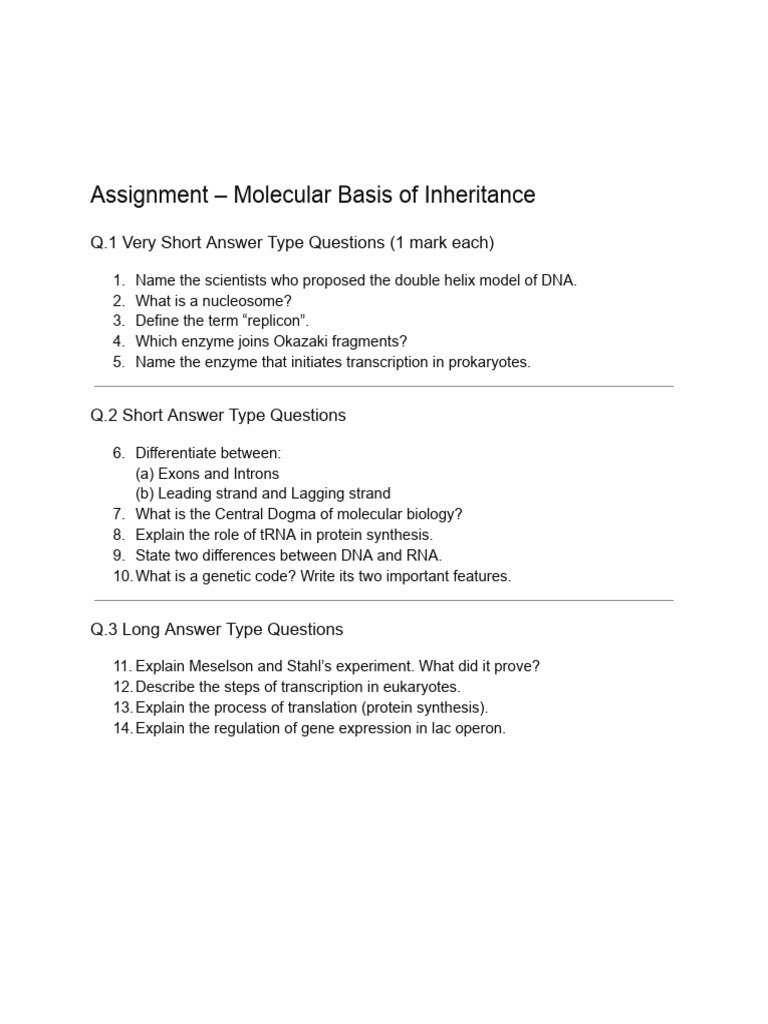Assignment Chapter Molecular Basis of Inheritance | PDF