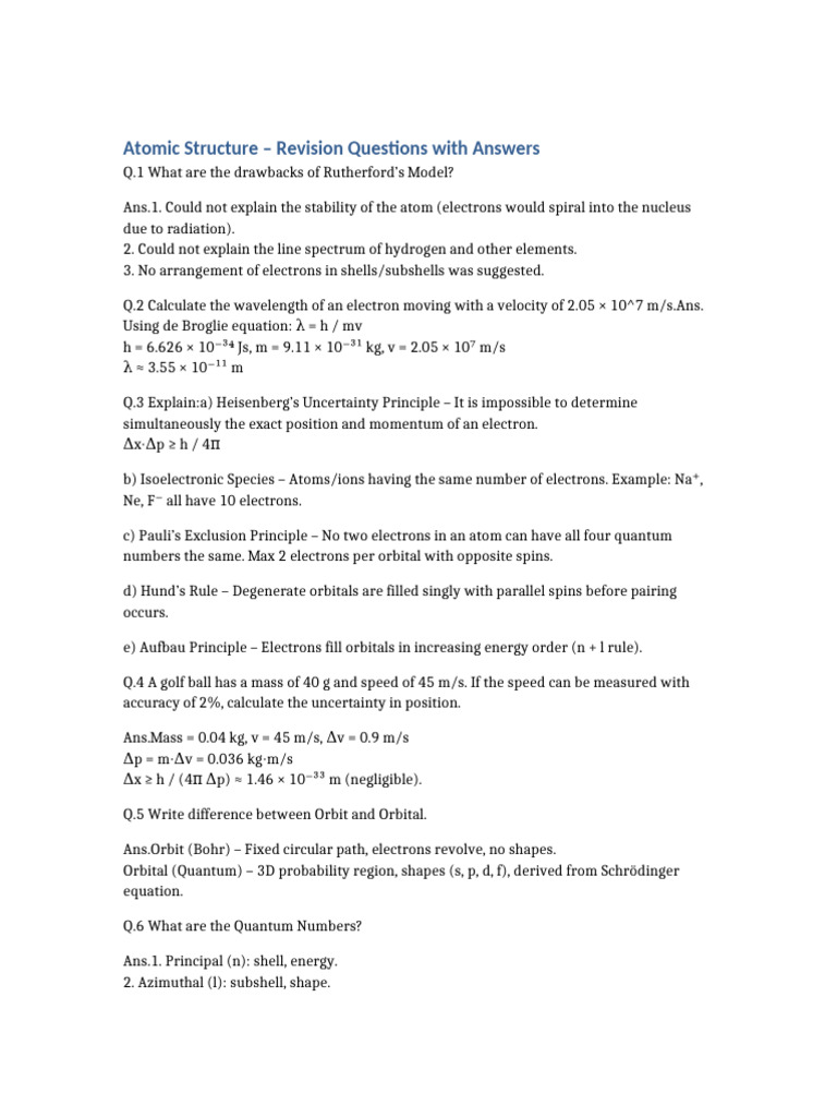 Atomic Structure Revision Q&A Guide | PDF