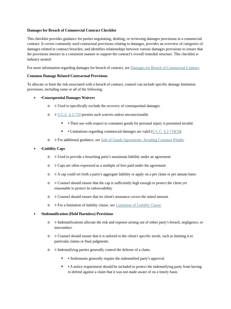 Damages For Breach of Commercial Contract Checklist | PDF | Indemnity ...