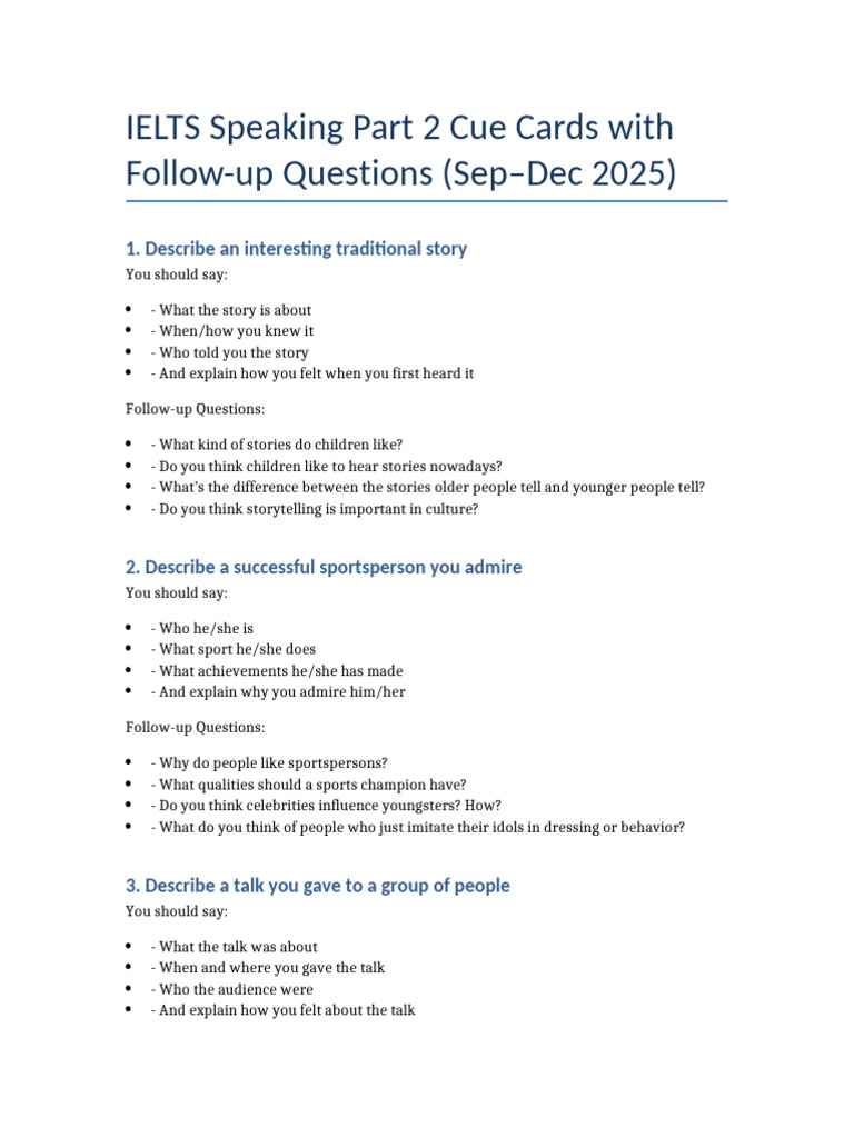 IELTS Speaking Part 2 Cue Cards 2025 | PDF
