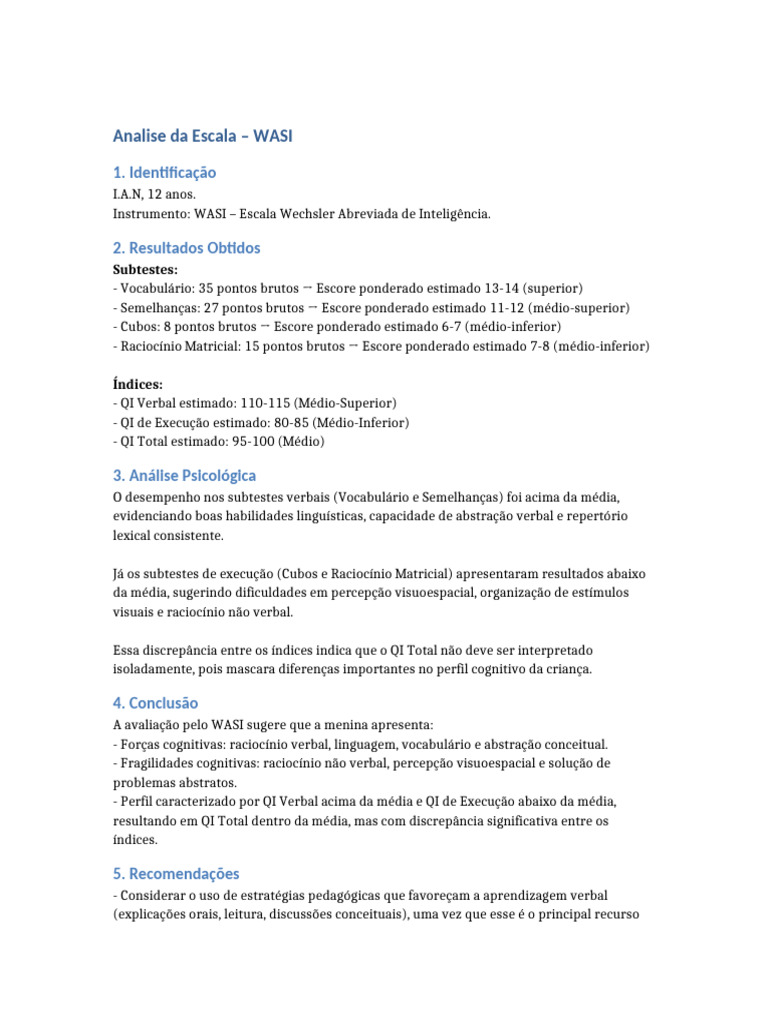 Análise de Resultados do Teste WASI | PDF