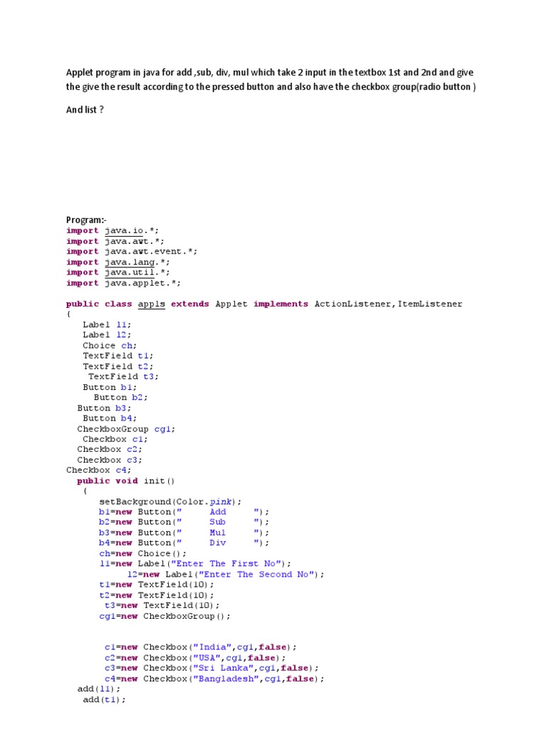 Applet Program in Java For Add, Sub, Mul, Div...... ! | PDF