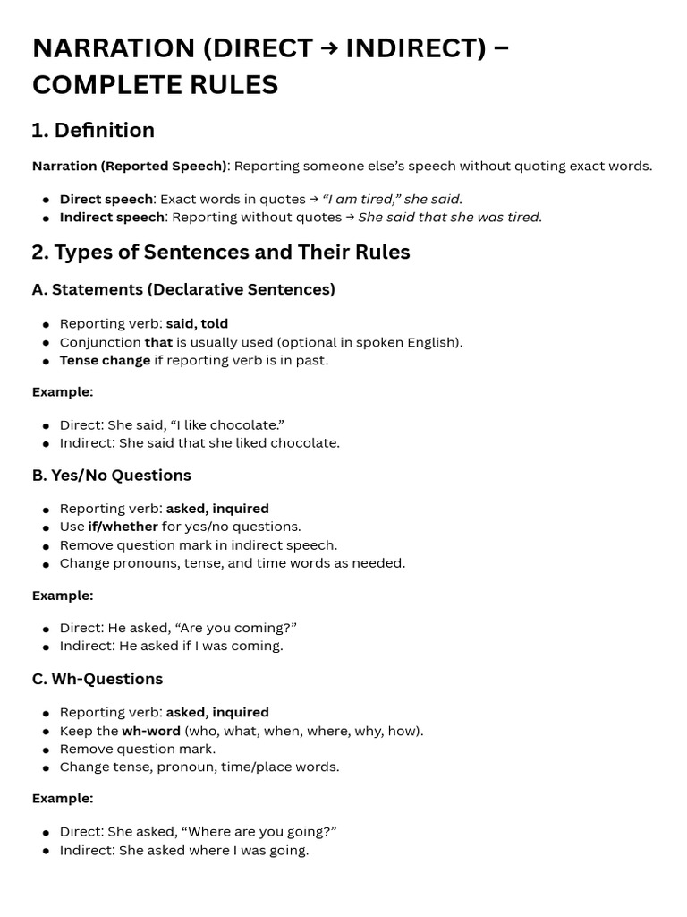 NARRATION (DIRECT → INDIRECT) – COMPLETE RULES | PDF | Question | Verb