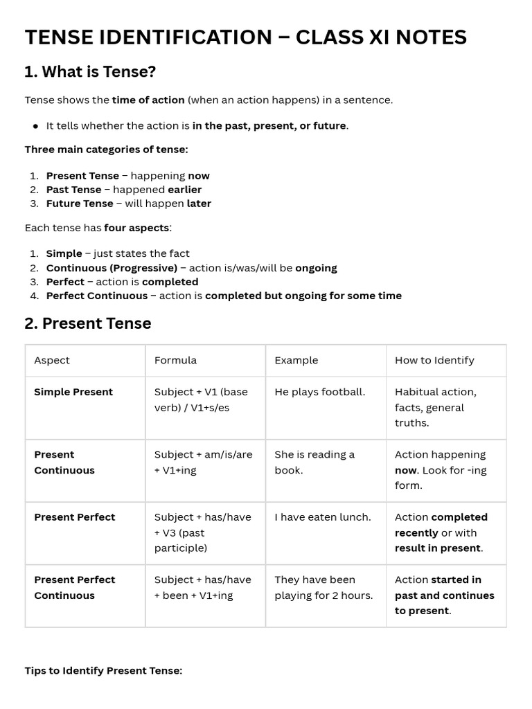Class XI Tense Identification Notes | PDF | Grammatical Tense | Perfect ...