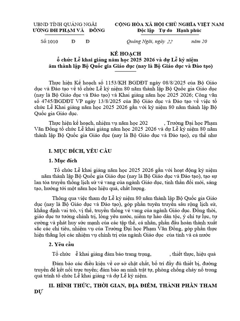 Ke Hoach Khai Giang Nam Hoc 2025-2026 | PDF