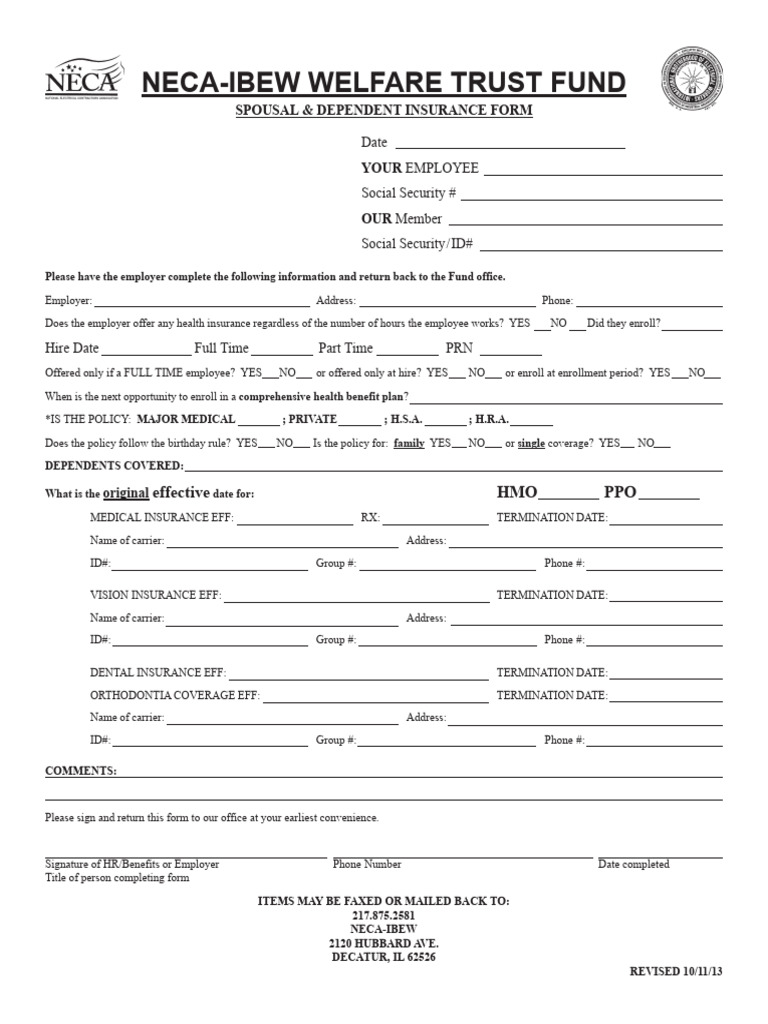 NECA-IBEW Spousal Insurance Form | PDF | Social Security (United States ...