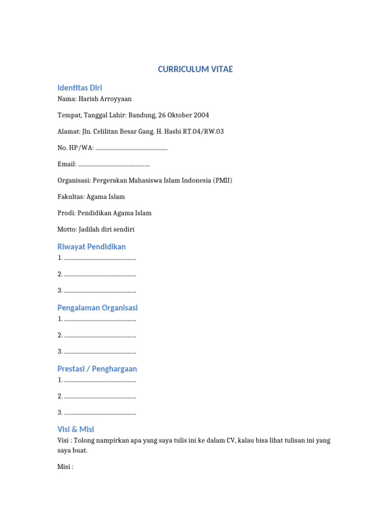 CV Harish Arroyyaan: Pendidikan & Organisasi | PDF