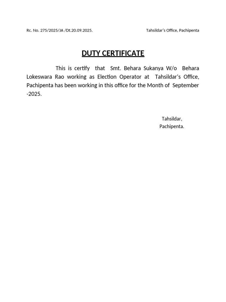 Srinu Duty Certificate | PDF