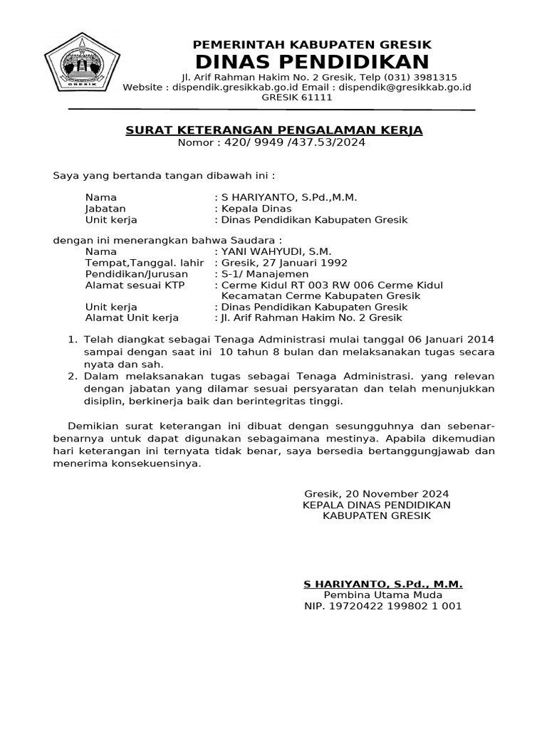 Contoh Surat Keterangan Pengalaman Kerja PPPK Tahap 2 | PDF