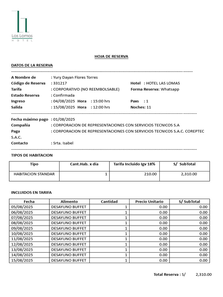 Reserva Confirmada Hotel Las Lomas | PDF
