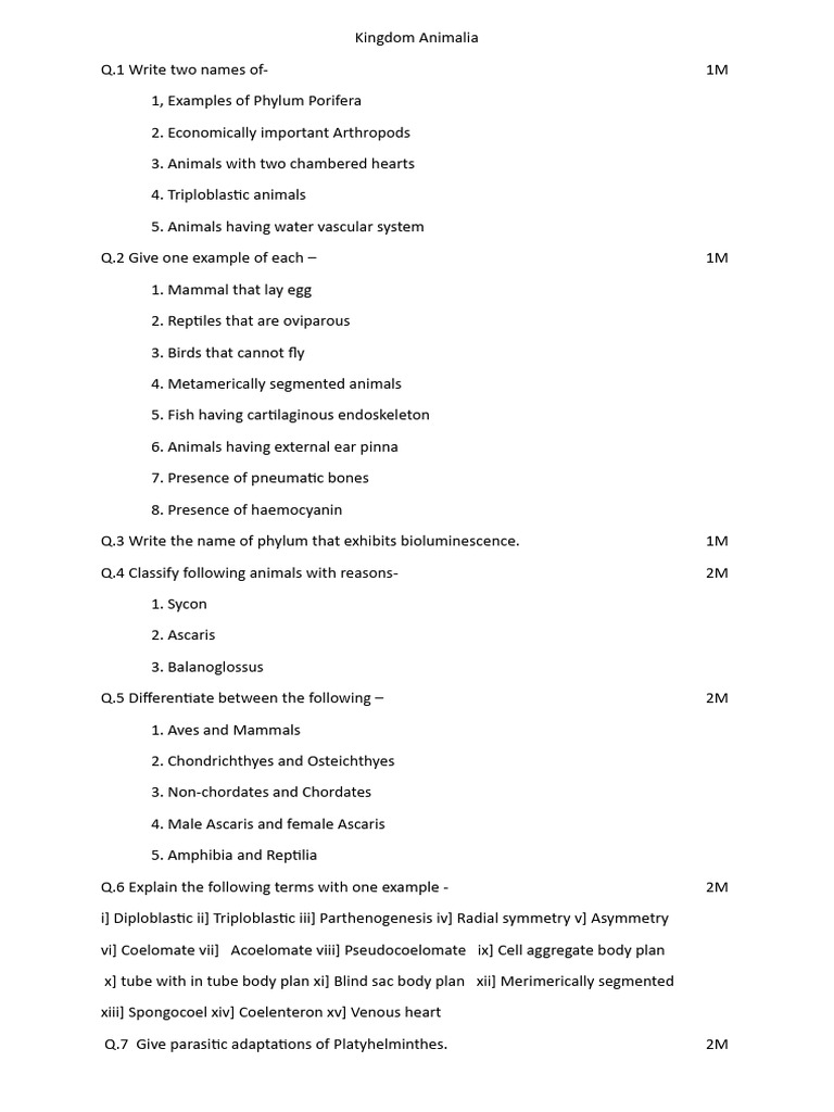 Animal Classification Question Bank | PDF | Zoology