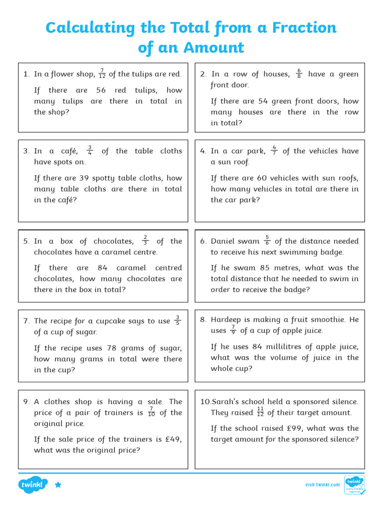 Calculating The Total From A Fraction of An Amount Word Problems | PDF