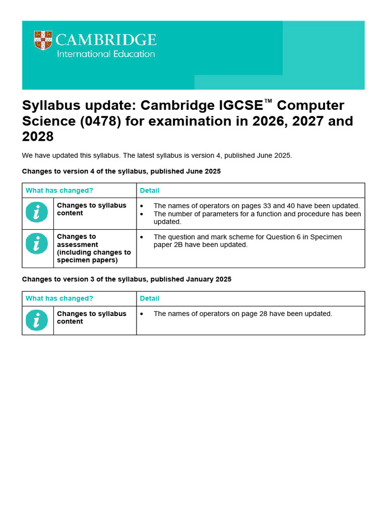 Cambridge IGCSE Computer Science 0478 Syllabus (2026-2028) Update | PDF ...