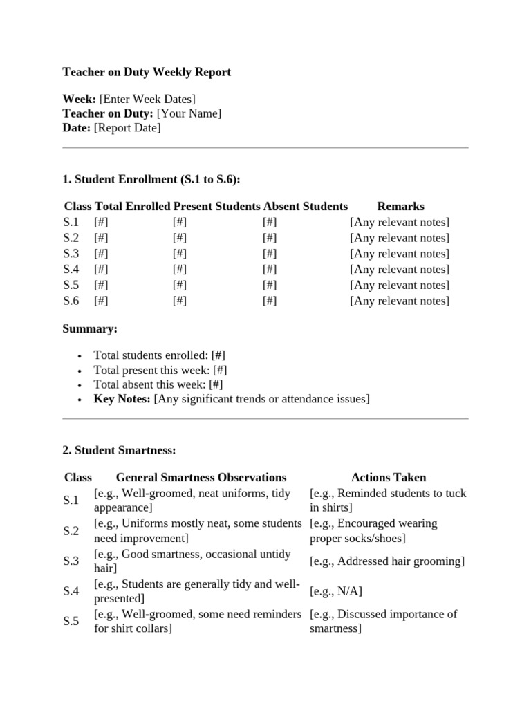 Weekly Teacher Duty Report Summary | PDF | Hygiene | Hand Washing