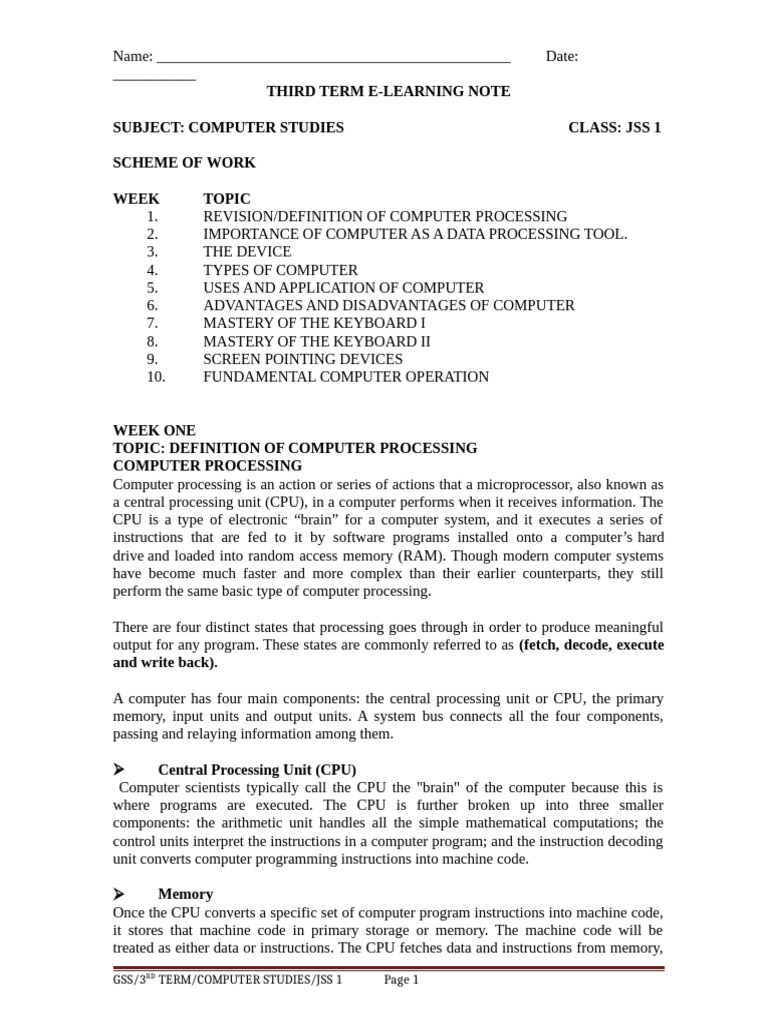 Third Term JSS1 Computer Studies | PDF | Booting | Central Processing Unit