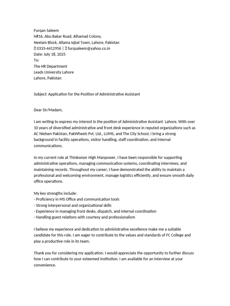 Cover Letter Furqan FCC | PDF