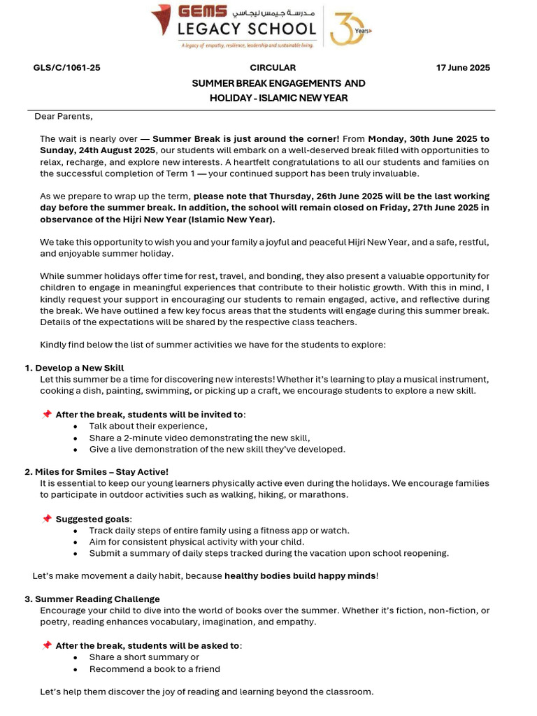 Circular 1061-25-Summer Break Engagements and Holiday - Islamic New ...