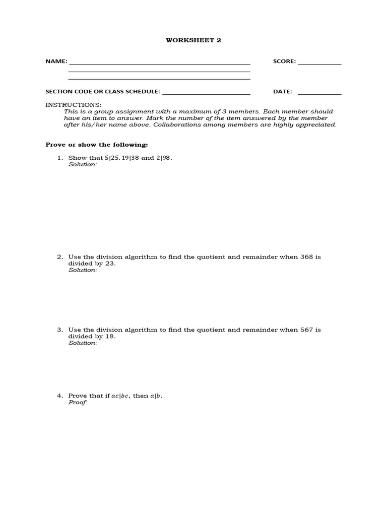 Group Assignment: Division & Proofs Worksheet | PDF
