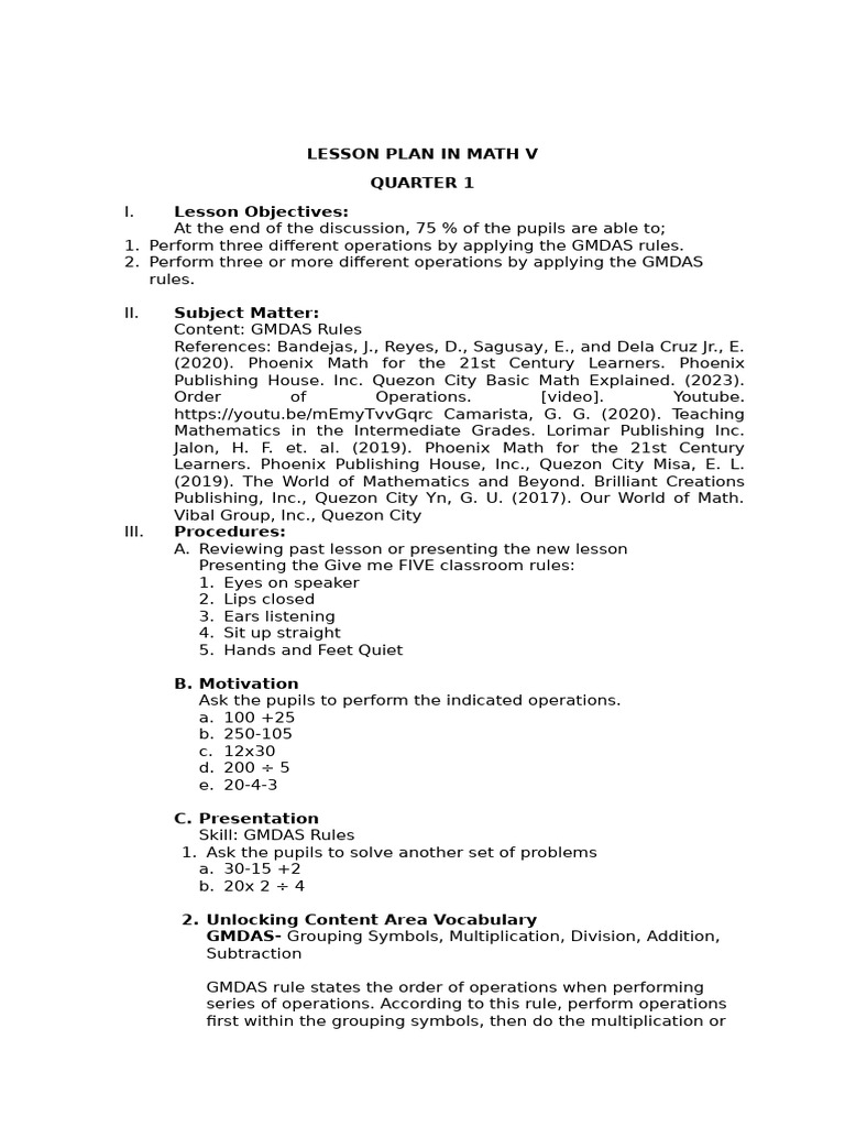 GMDAS Rules Lesson Plan for Math V | PDF | Mathematics | Bracket