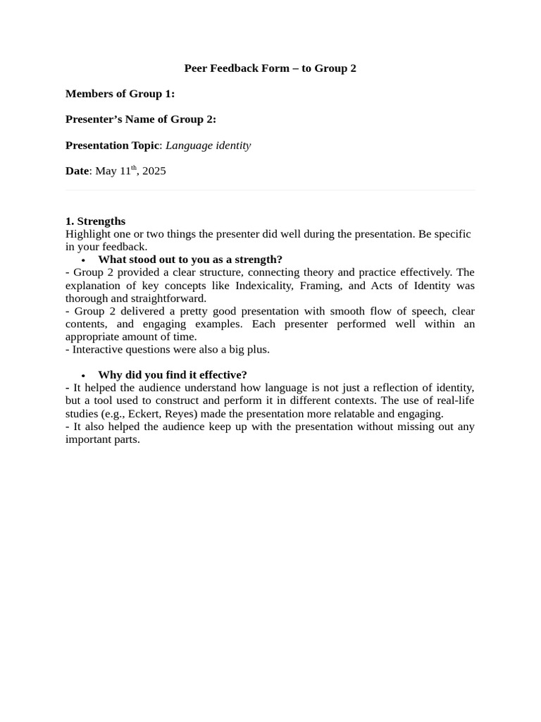 Peer Feedback on Language Identity Presentation | PDF