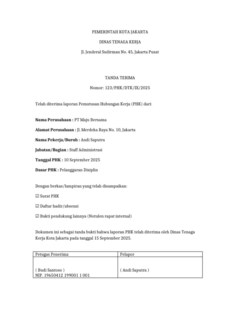 Tanda Terima Laporan PHK Disnaker | PDF