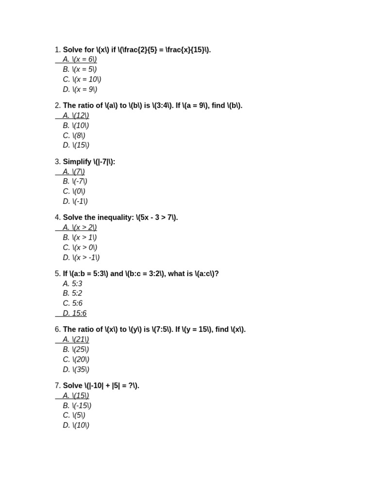 Grade10 Proportion Ratio Inequalities AbsoluteValue 100 MCQs | PDF ...