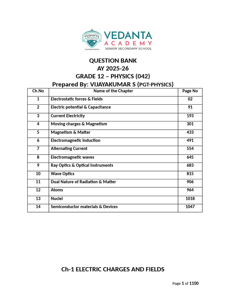Grade 12 Physics Question Bank 2025-26 | PDF | Electrical Resistivity ...