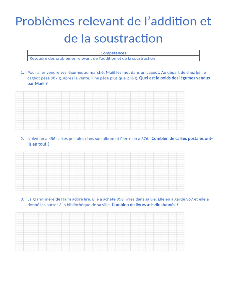 Problèmes Relevant de L'addition Et de La Soustraction | PDF