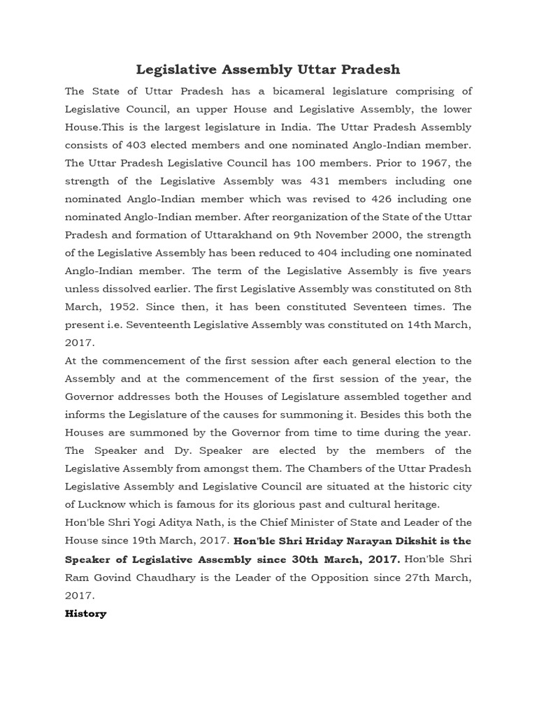 Legislative Assembly UP | PDF | Legislature | Speaker (Politics)