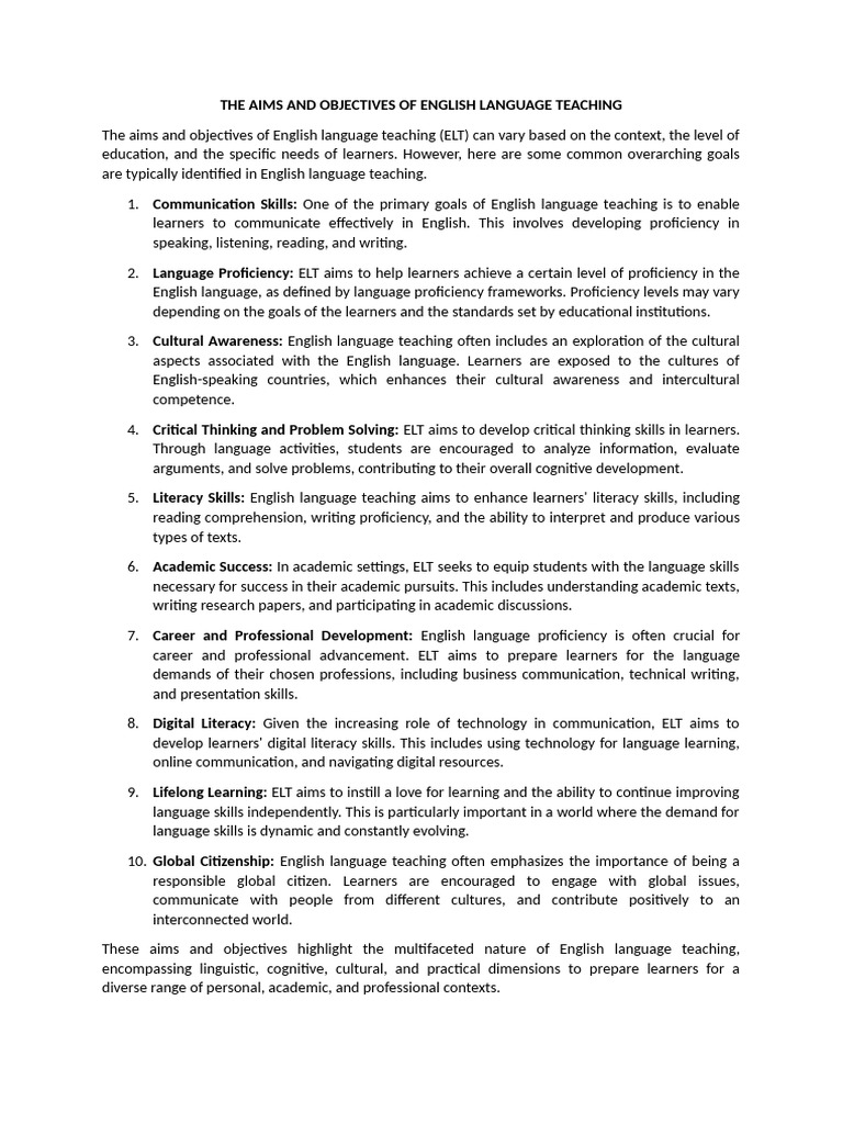 The Aims and Objectives of English Language Teaching | PDF | English As ...