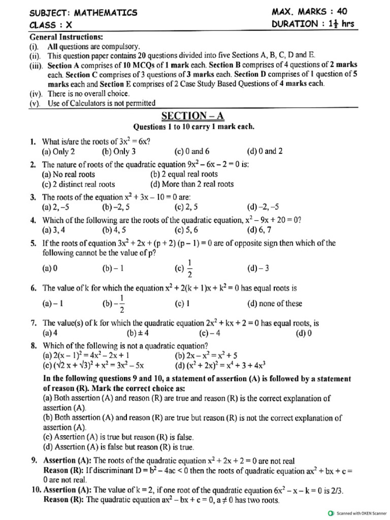 Maths Class X Chapter 04 Quadratic Equations Practice Paper 01 2025 QP ...