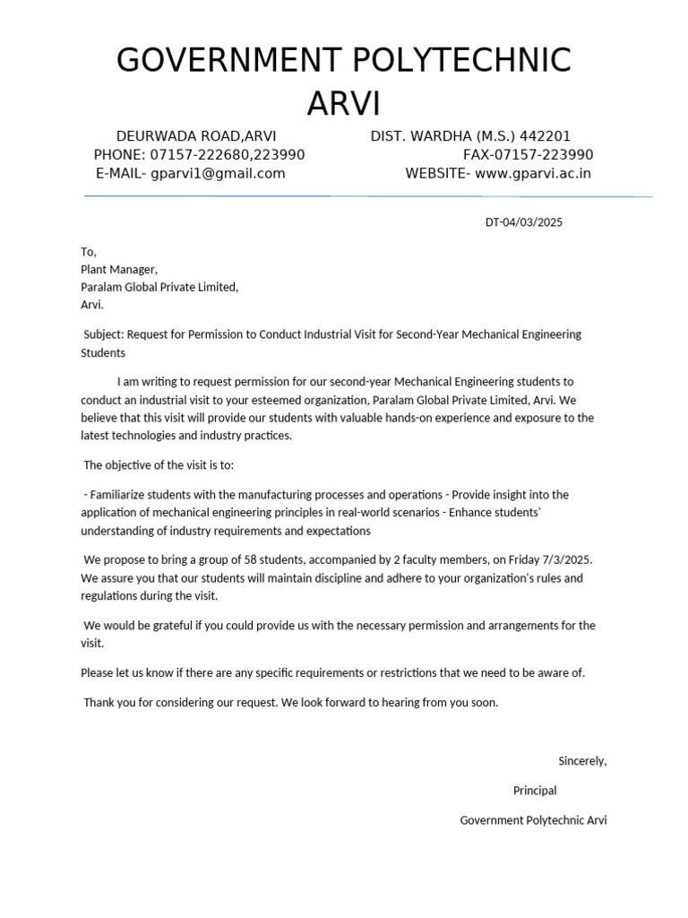 Request for Industrial Visit Approval | PDF